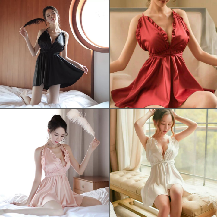 CO - V16 ชุดนอน ไม่ได้นอน ชุดนอนเซ็กซี่ ชุดนอนผ้าซาติน แบบสายผูกคอด้านหลัง | Lazada.co.th