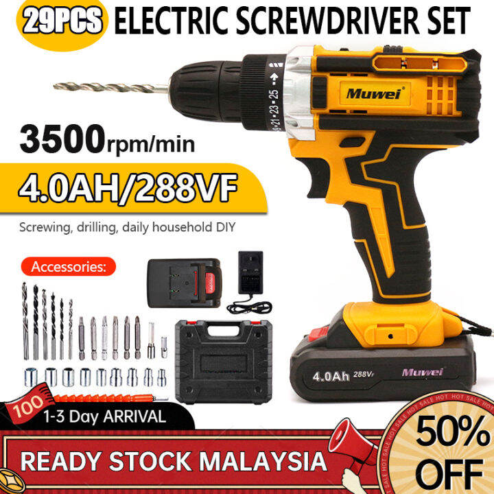 29 pcs 288VF Cordless Hand Drill Set Hammer Impact Drill bits 4.0AH Battery Electric Screwdriver ...