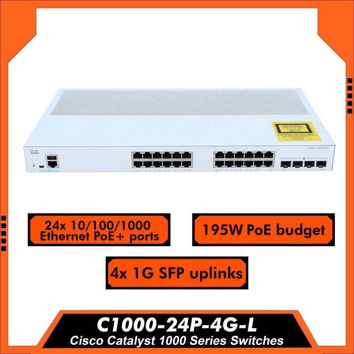 Cisco Catalyst 1000 Series Switches│C1000-24P-4G-L│24x 10/100/1000 Ethernet PoE+ ports│195W│PoE ...