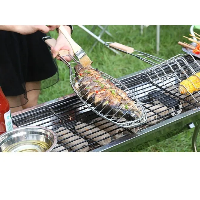 BARBEQUE GRILL FISH HOLDER ADJUSTABLE WOODEN HANDLE | Lazada PH