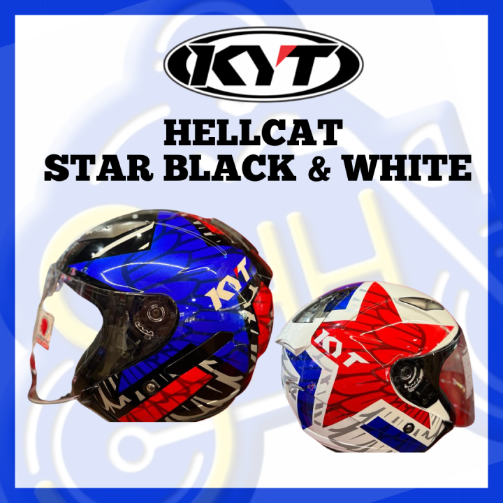KYT HELMET ORIGINAL OPEN FACE HELLCAT STAR BLACK WHITE HELMET ...