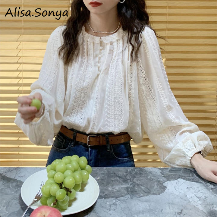 Alisa.Sonya Ren Cổ Áo Cánh Hoa Màu Trắng Hoa Mai Retro Áo Sơ Mi Kiểu ...