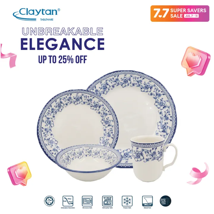 Claytan Aster Blue 16 PCS Lead Safe and Microwave Safe Ceramic Dinner ...
