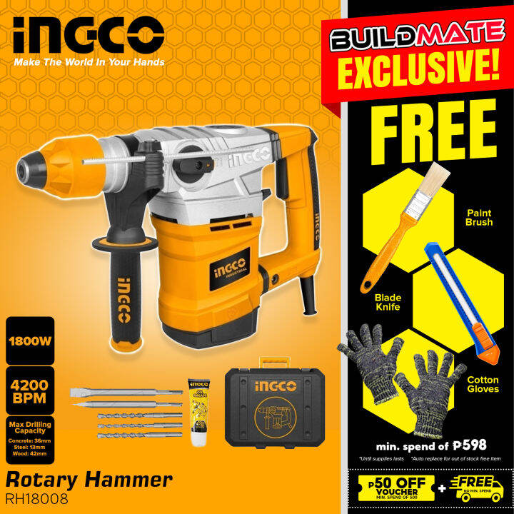 INGCO Rotary Hammer 1800W RH18008 +FREE •BUILDMATE• IPT | Lazada PH