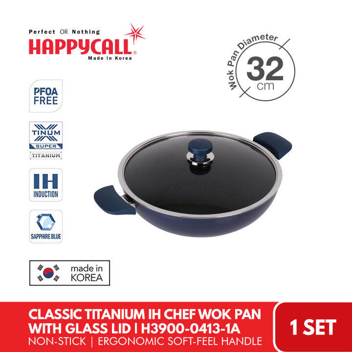Happycall Classic Titanium IH Chef Wok Pan w/ Glass Lid 32cm | PFOA FREE | Non-Stick | Ergonomic ...