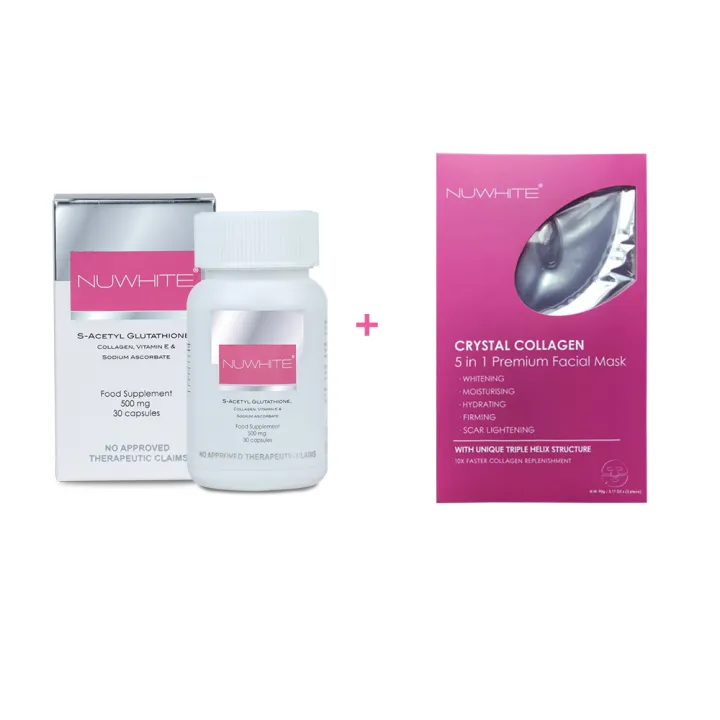 Nuwhite S-Acetyl Glutathione PLUS Nuwhite Crystal Collagen Mask (3pcs ...