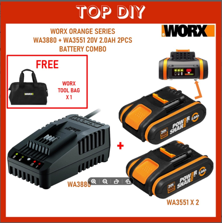 WORX Battery WA3551 20V 2.0AH BATTERY WITH INDICATOR (2PC) + WA3880 ...