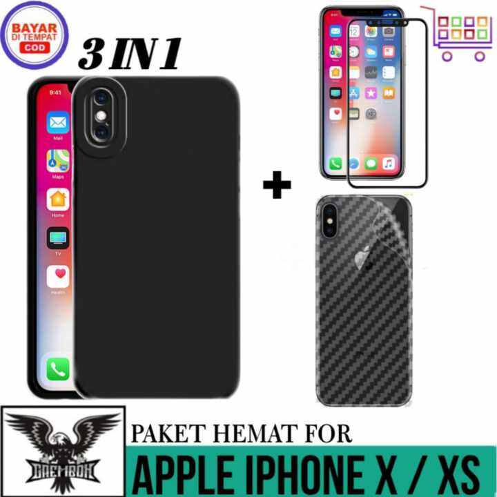PAKET 3IN1 CASE IPHONE X / IPHONE XS SOFT CASE PRO CAMERA FREE TEMPERED GLASS + GARSKIN CARBON ...