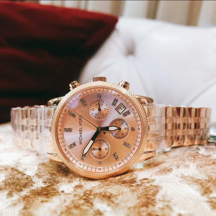 Michael Kors Ritz Chronograph Rose Gold-tone Dial Steel Ladies Watch ...
