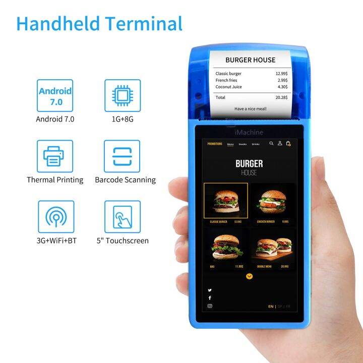 Handheld POS Receipt Printer Android 7.0 PDA Terminal 1D/2D/QR Barcode ...