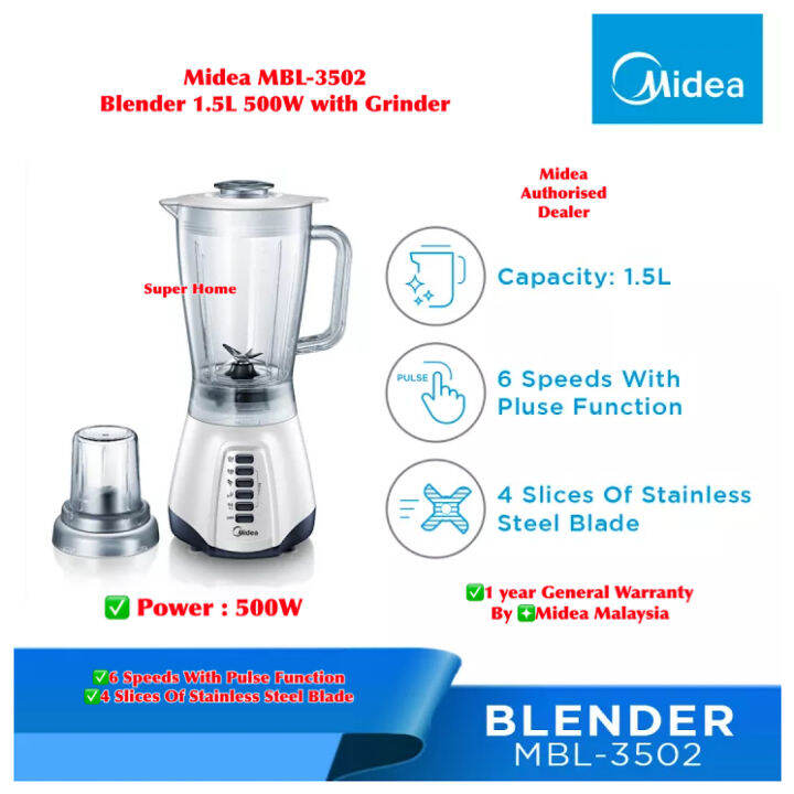 Midea Blender MBL-3502 (500W) 1.5L Plastic Jar + Grinder | Lazada