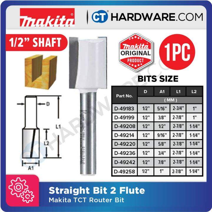 MAKITA STRAIGHT BIT 2 FLUTE ROUTER BIT 1/2" SHANK - 1PC | Lazada