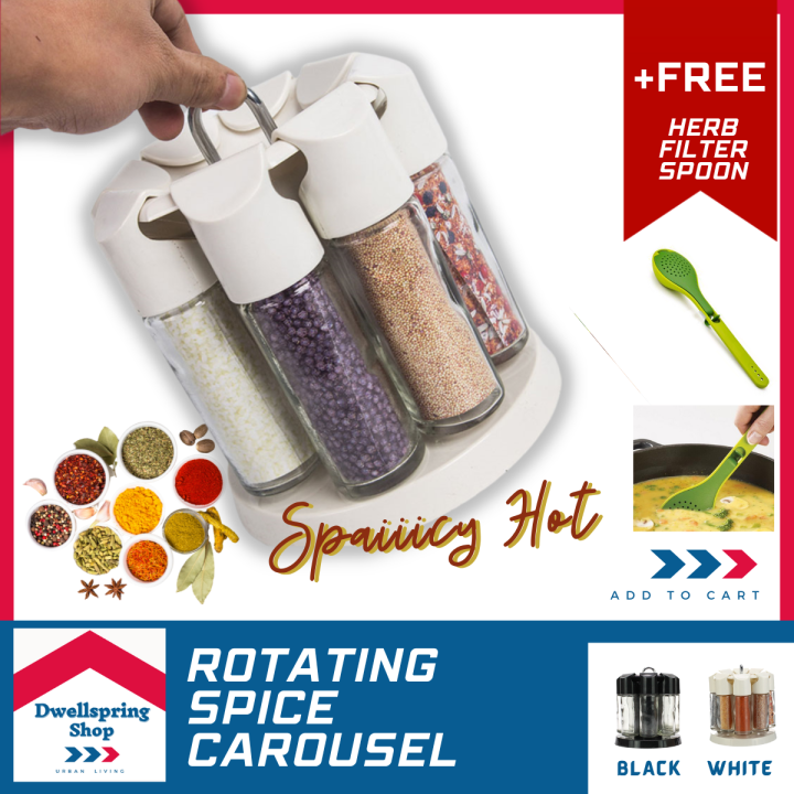 360° ROTATING SPICE JAR AND RACK SET Condiments Organizer Bottle ...