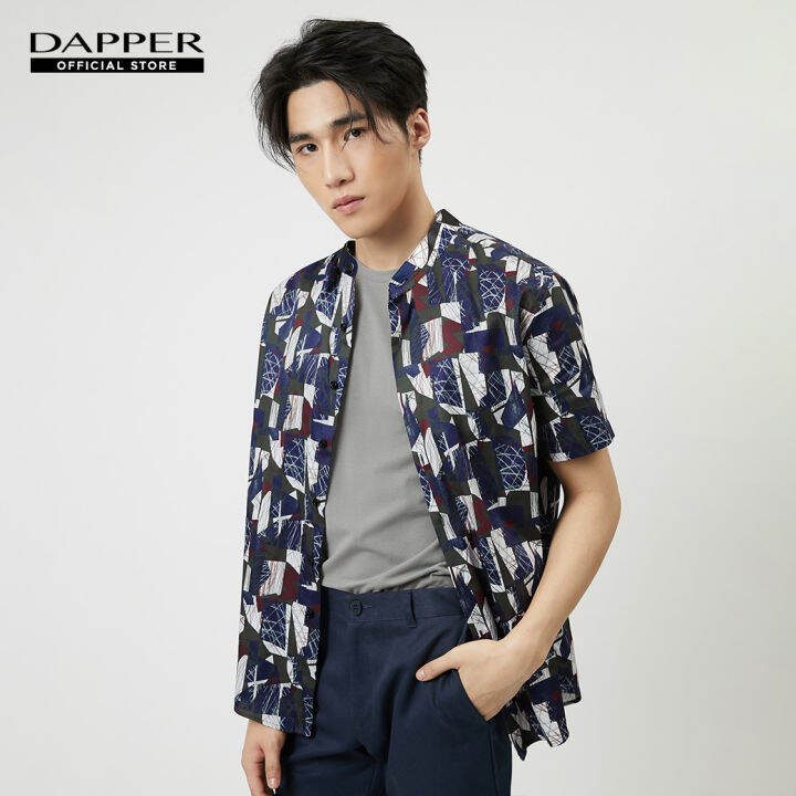 DAPPER เสื้อคอจีน Abstract Art Print สีกรมท่า | Lazada.co.th
