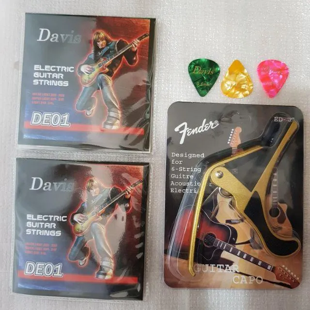 【Ready Stock】 Fender Capo 2 Sets Davis Electric Guitar Strings 3 picks ...