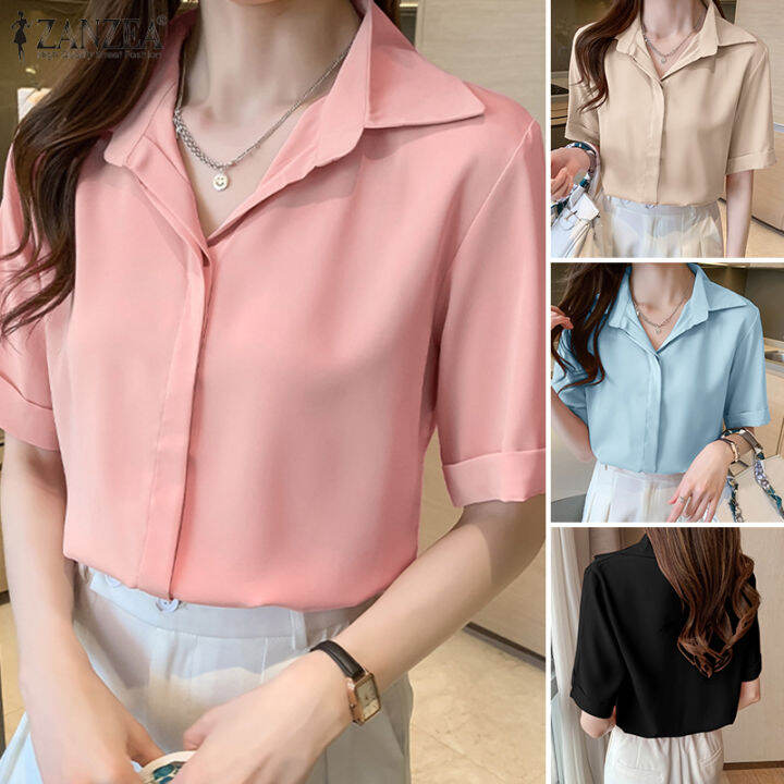 Esolo Zanzea Korean Style Womens Short Sleeve Button Up Shirts Plain