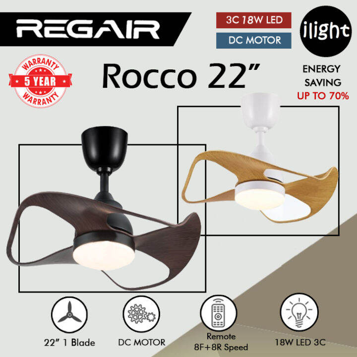 REGAIR ROCCO 22 Inches DC Motor 16 Speed Remote Control 3C 18W LED 1 Blade Ceiling Fan Kipas ...
