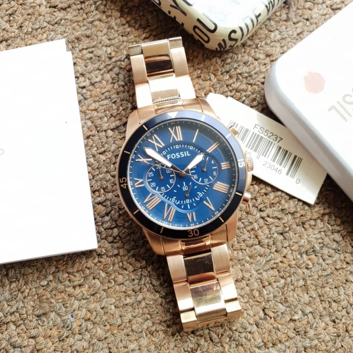 Fossil FS5237 Chronograph Grant Blue Dial Rose Gold Stainless 44mm ...