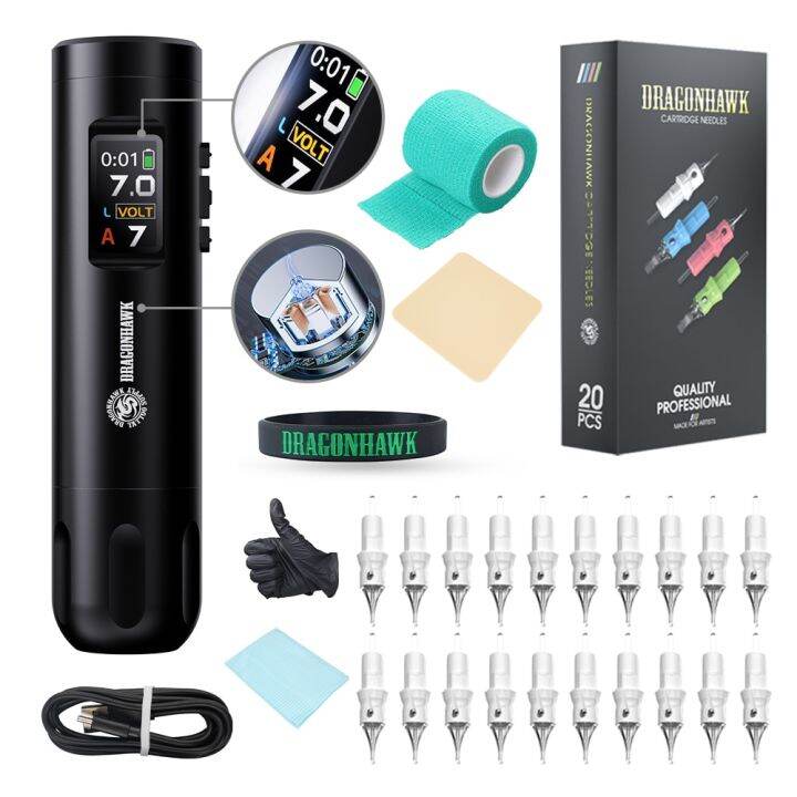 Dragonhawk X7 Tattoo AI Display Wireless Pen Machine Kit Professional Brushless Motor Pen Tattoo ...