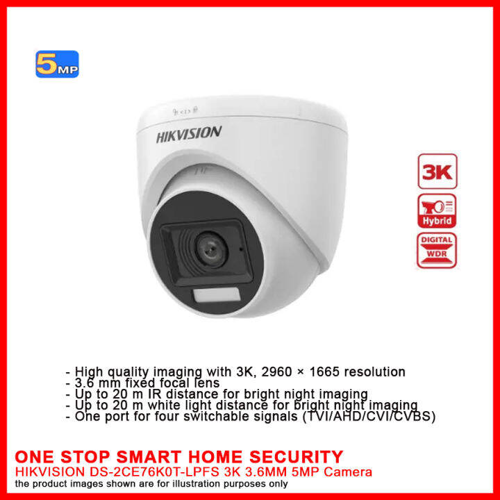 HIKVISION 3K 5MP 16:9 3.6mm Smart Hybrid Light Audio Indoor Fixed DOME CCTV Camera DS-2CE76K0T ...