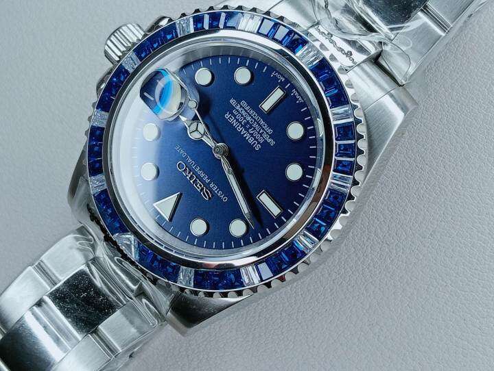 Nh35 Automatic Movement Blue Sub Smurf Stoned Bezel Custom Build Watch ...