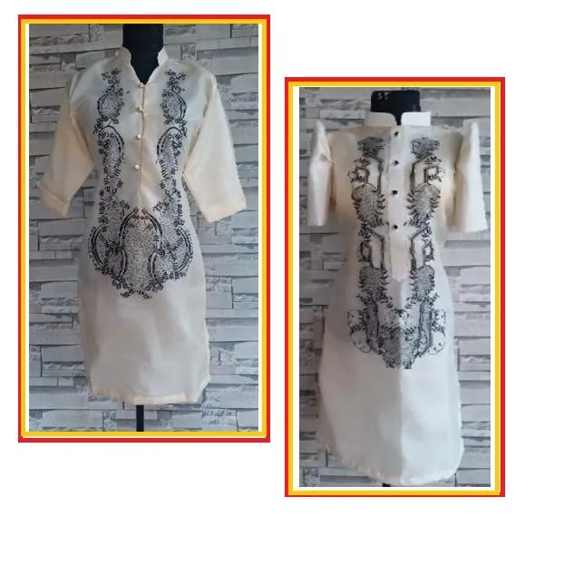 MODERN FILIPINIANA LADY BARONG DRESS with black Embroidery V NEck ...