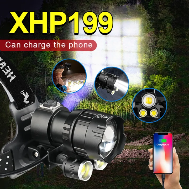 ที่มีประสิทธิภาพ XHP199 2COB ไฟหน้า18650 XHP160 LED ไฟหน้าพลังงานสูงแบบ ...