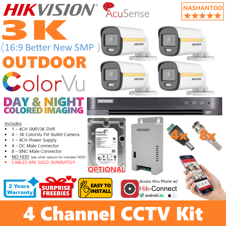 Hikvision 4Channel ColorVu 3K (New 5MP 16:9) TVI 4Cameras Outdoor ...