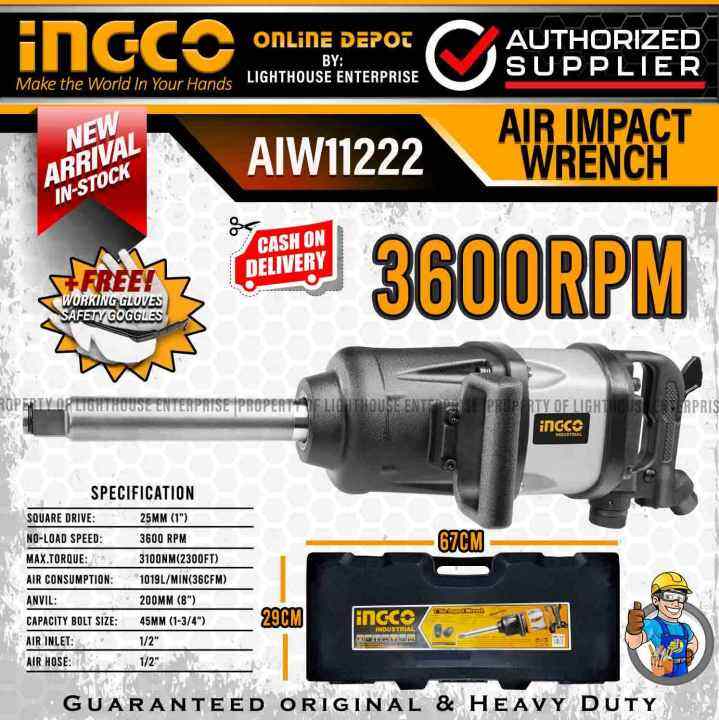 INGCO Industrial 25mm 1" Air Impact Wrench (AIW11222) w/FREE Gloves ...