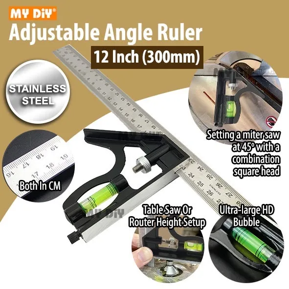 Stainless Steel Combination Square Ruler Level Gauge Angle Metric Ruler ...