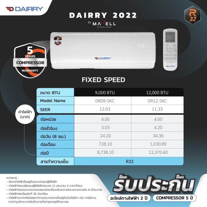 [ไม่รวมติดตั้ง] แอร์ Dairry 2022 รุ่น Fixed Speed ขนาด 9,000/12,000BTU | Lazada.co.th