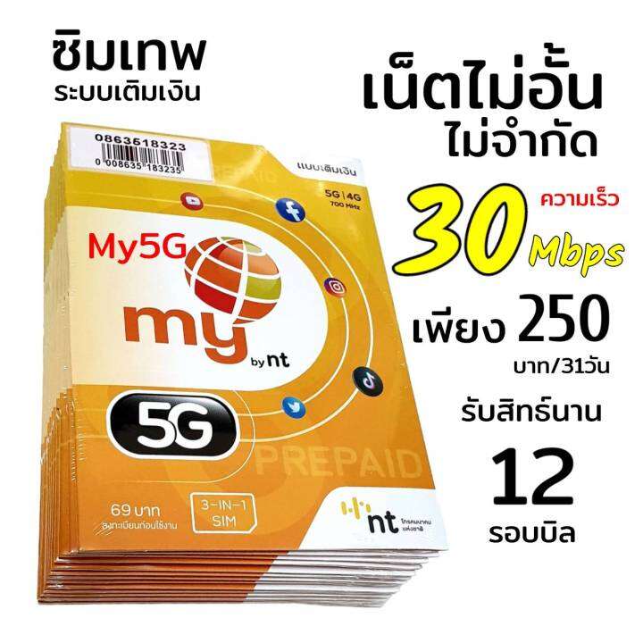 (No.3) ซิมเทพ My 5G เน็ตไม่อั้น ไม่ลดสปีด 30Mbps เพียง 250 บาทต่อ 31วัน รับสิทธิ์นาน 12 รอบ ระบบ ...