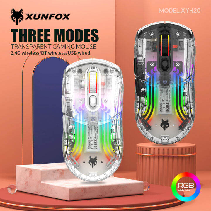 RGB Transparent Mouse Three-Mode Wireless Wired Bluetooth 2.4G Gaming ...