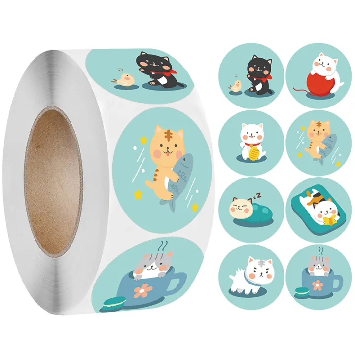 HONG Ready Stock 500pcs Cute Cat Thank You Stickers Round Cartoon ...