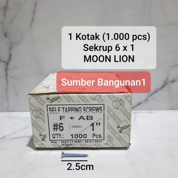 Sekrup F + AB 6 x 1 Moon lion 2.5cm tapping skrup screw rata putih 1 ...