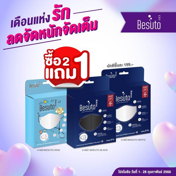 ( 2 แถม 1 ) Besuto หน้ากากผู้ใหญ่ สีขาว สีดำ ลดการสะสมแบคทีเรีย ด้วยเทคโนโลยีจาก Microban ...