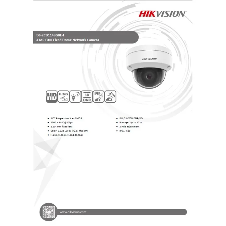 จัดส่งพรุ่งนี้ Hikvision รุ่น DS-2CD1143G0E-I 4MP ระบบIP ทรงdome IP67 IR30m DWDR H.265+ ประกัน3 ...