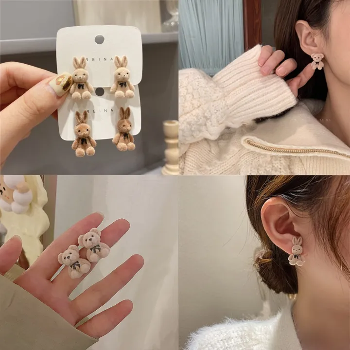 YWYK INS ต่างหูเกาหลีน่ารักการ์ตูนหมีกระต่ายต่างหูสำหรับผู้หญิงสาวหวานหูเครื่องประดับแฟชั่น ...