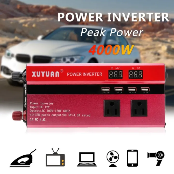 4000W Solar Power Inverter Sine Wave LED 4 USB DC12/24V To AC110V/220V ...