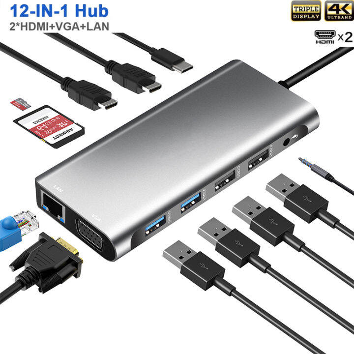 USB C Hub Triple Display Dual Monitor Adapter Docking Station 2 HDMI 4K ...