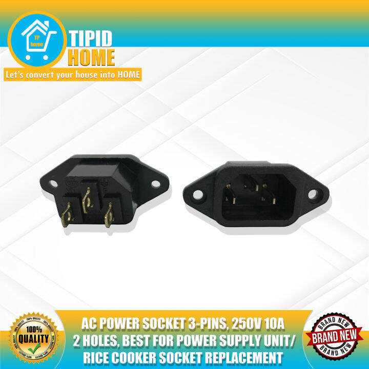 AC POWER SOCKET 3-PINS, 250V 10A 2 HOLES, BEST FOR POWER SUPPLY UNIT ...