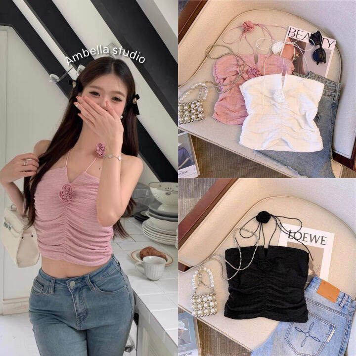 Ambella เสื้อดอกกุหลาบ สายคล้องคอ พร้อมดอกกุหลาบเล็ก ครอปแฟชั่น เสื้อไปทะเลแต่งดอกไม้ แฟชั่น2024 ...