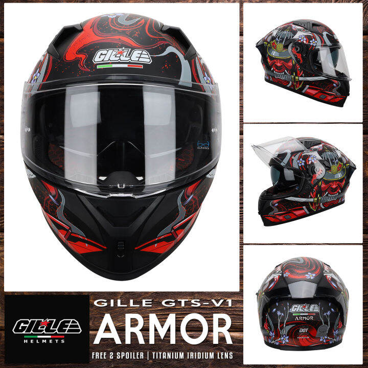 Gille GTS-V1 Armor Fullface Dual Visor Helmet Matte Red with 2 Spoiler ...