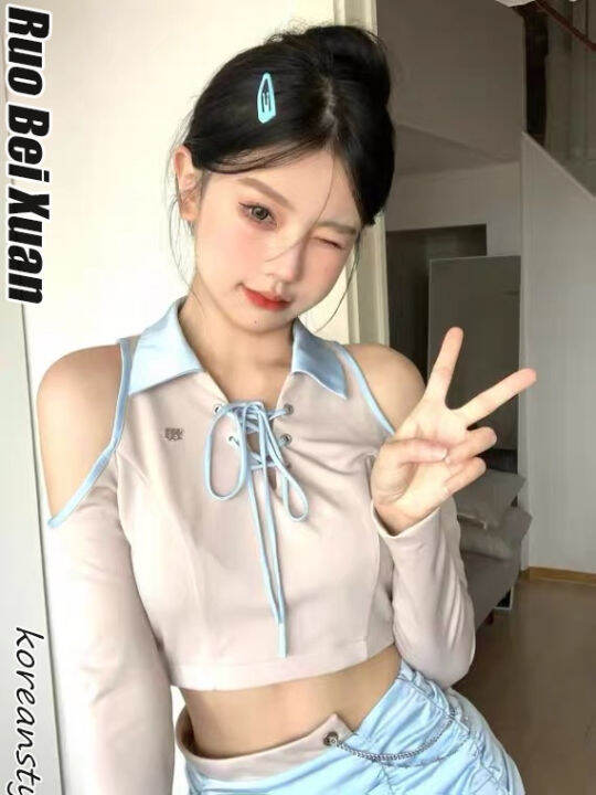 Ruo Bei Xuan เสื้อยืดสั้นคอปก Cewek Seksi ใหม่ฤดูร้อนเสื้อจับจีบการวาด ...