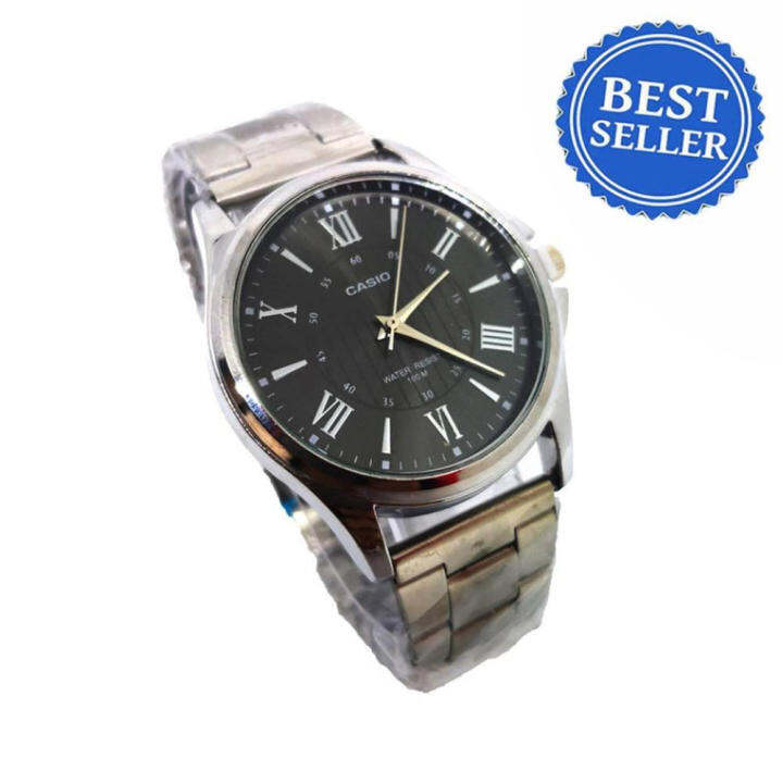 Casio Roman Numeral Black Dial Stainless Steel Watch For Men(Silver ...
