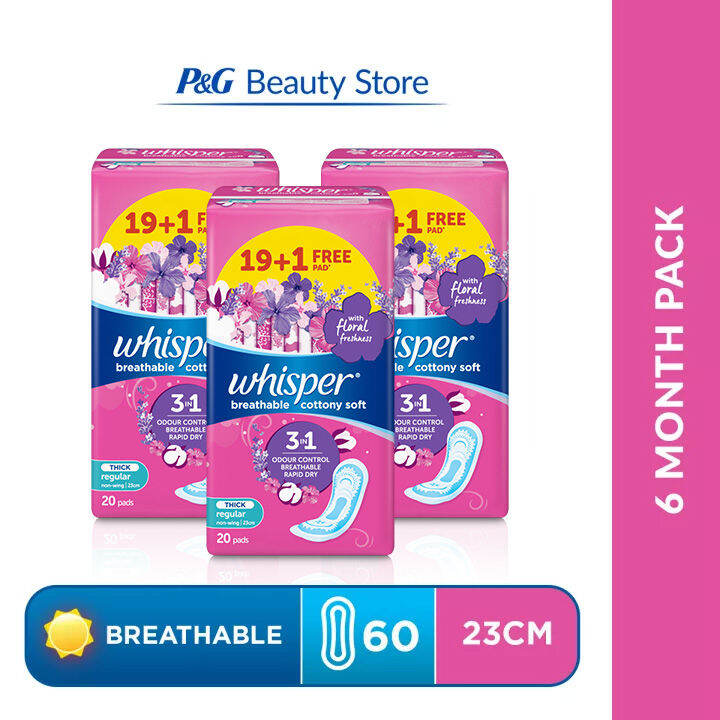 Whisper Cotton Clean Regular Flow Non-Wings 20s 6 Month Pack | Lazada PH