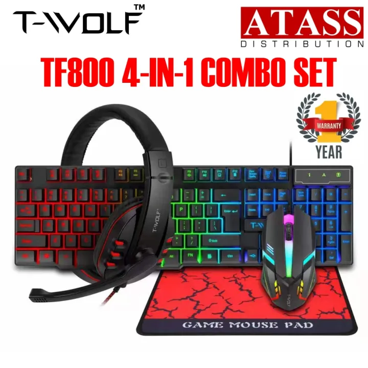 T-WOLF TF800 4-IN-1 GAMING KEYBOARD MOUSE HEADSET MOUSEPAD GAMING SET ...