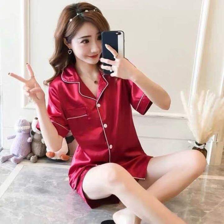 tichada 3333ชุดนอนน่ารักๆ ผ้าซาตินสีสด แขนสั้นขาสั้นแนวหวานๆ ผ้านิ่มใส่สบายไม่เครื่องผิด สไตล์ ...