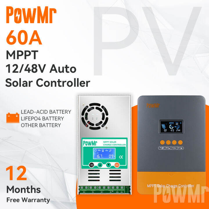 PowMr 100% Mppt 60A Solar Charge Controller and Discharge Controller 12v-48v Auto 190vdc lcd fan ...