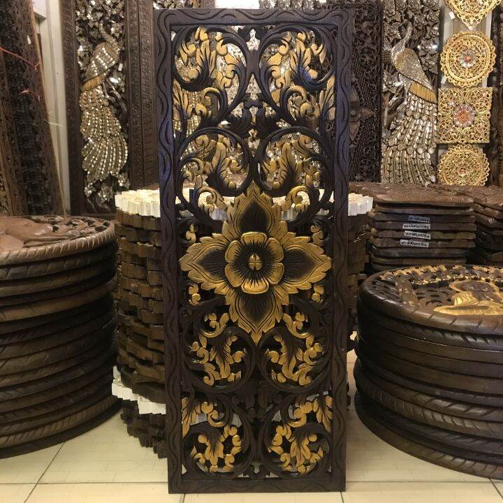 งานไม้สัก แผ่นไม้แกะสลักปัดทอง ขนาด 35x90 cm.แผ่นไม้แกะสลักติดผนัง แผ่นไม้แขวนผนัง ไม้แกะสลัก ...